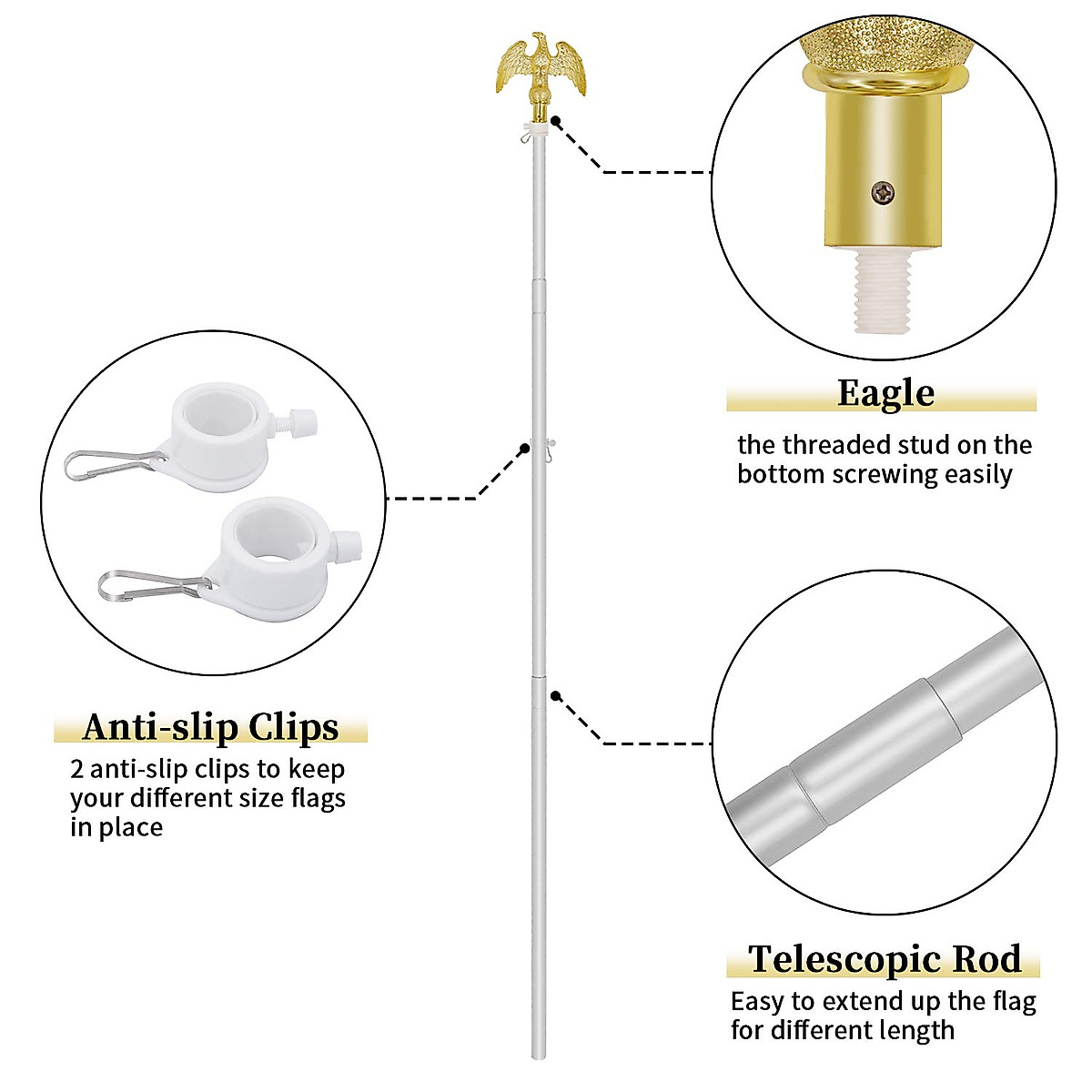 Jetlifee Indoor Flag Pole Kit - Telescoping 8 FT Flagpole with Eagle Topper, 3x5 FT American Flag Embroidered Stars Sewn Stripes, Flag Pole Holder Compatible with 0.9’’, 1.1’’ and 1.3’’ Dia Flagpole