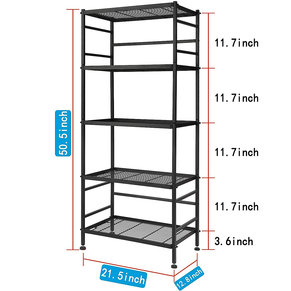 5-Wire Shelving Metal Storage Rack Shelves, Standing Storage Shelf Units for Laundry Bathroom Kitchen Pantry Closet(Black, 21.5L x 12.8W x 50.5H)
