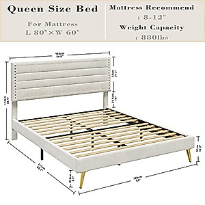 LIKIMIO Queen Bed, Platform Bed Frame with Upholstered Headboard and Wooden Slats Support, No Box Spring Needed, Easy Assembly, Beige