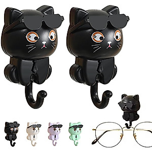 Cat Key Holder, Cute Sunglasses Cat Adhesive Coat Hooks, Adhesive Hooks Heavy Duty Wall Mounted, Creative Adhesive Cute Pet Hooks Coat Hook, for Hanging Hats, Clothes, Miscellaneous Items (2*Black)