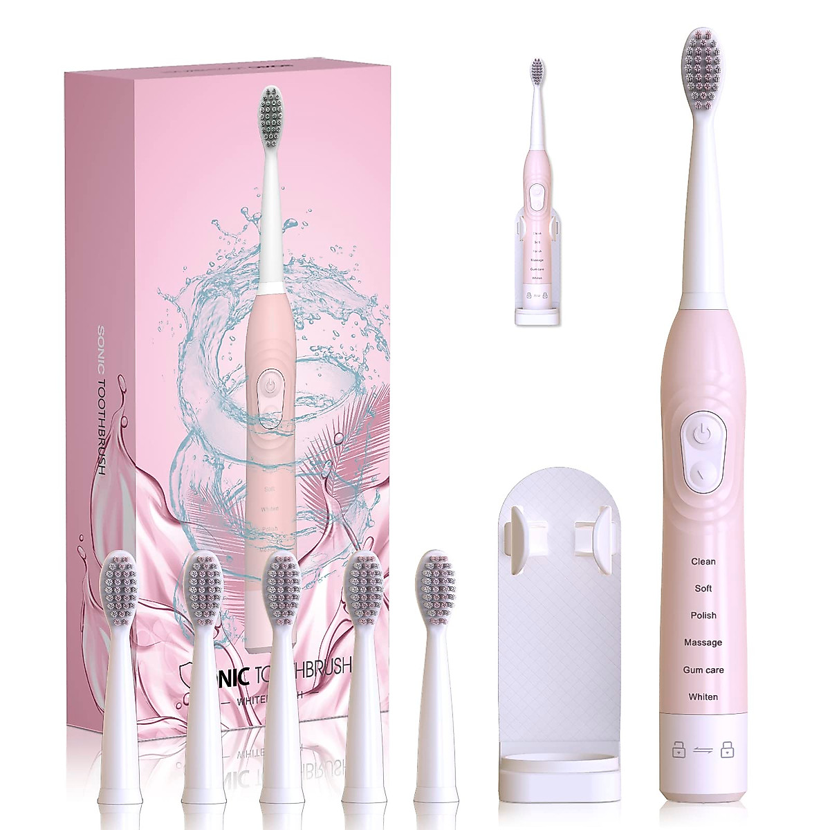 Chain Peak Sonic Electric Toothbrush for Men and Women, Rechargeable Smart Toothbrush with 6 Modes, 6 Brush Heads, 40000VPM, with Holder, Pink and White
