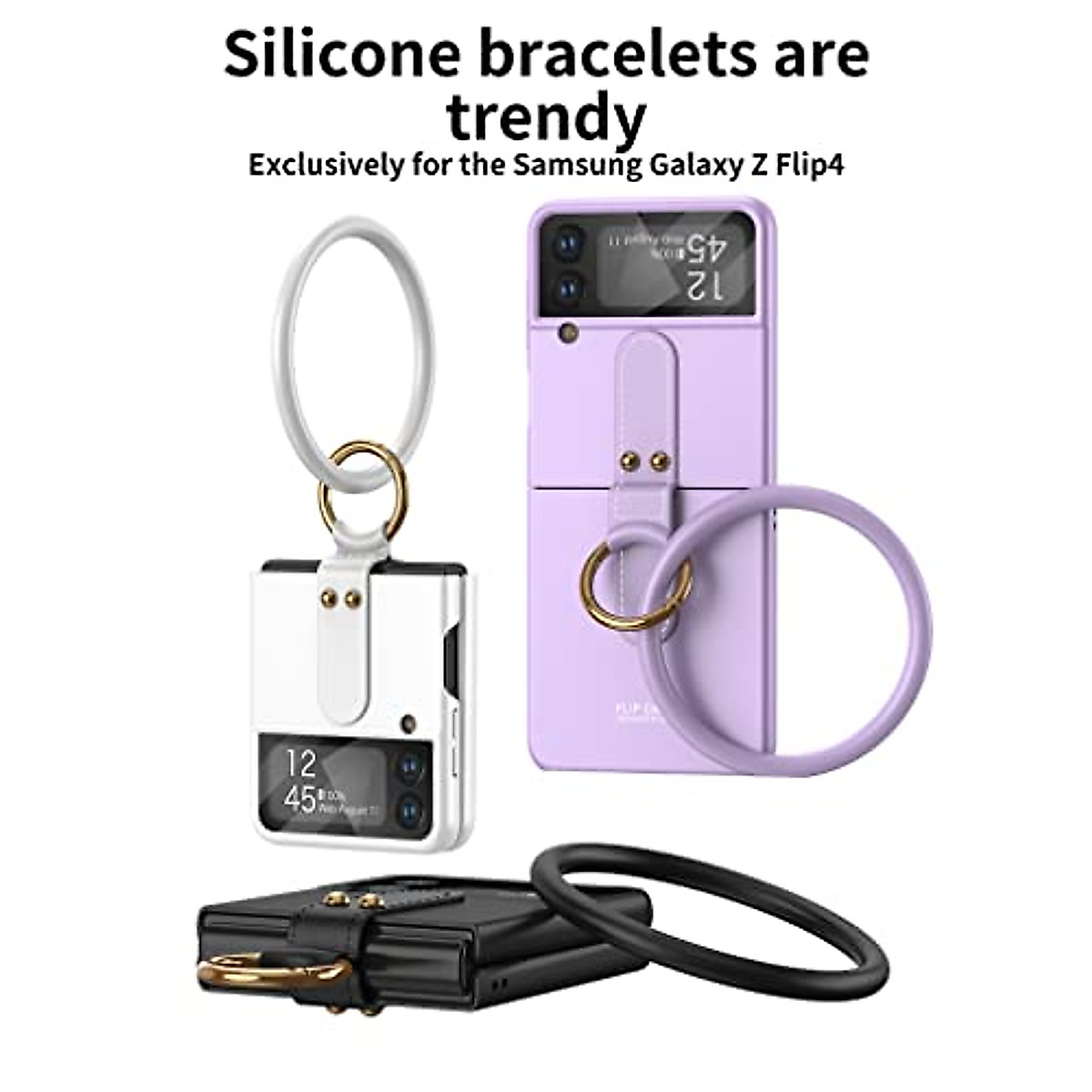 BAILI Samsung Z Flip4 Case with Ring and Silicone Bracelet, Galaxy Z Flip 4 Cover Ultra-Thin Protective Cover with Silicone Wristband Built-in Small Screen Shell Film for Samsung Galaxy Z Flip4-Black