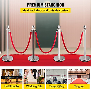BestEquip 38 Inch Stanchion Posts Queue, Red Velvet Rope (3, Silver)