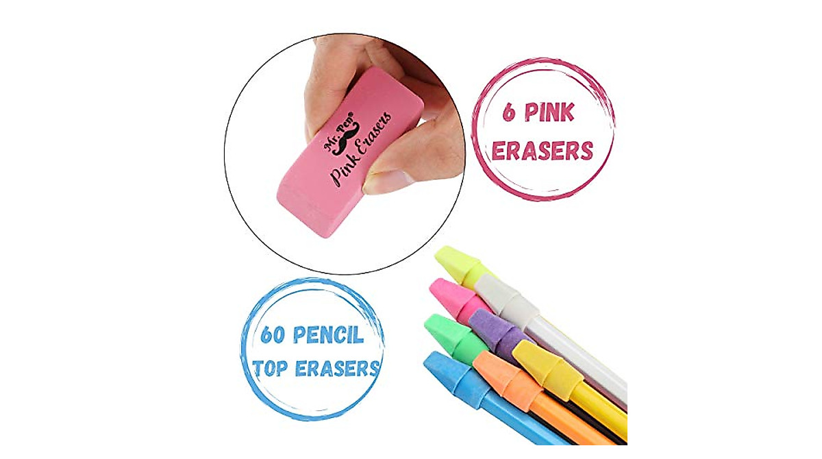 Mr. Pen Pink Eraser Set - 6 Premium & 60 Pencil Toppers for Precise ...