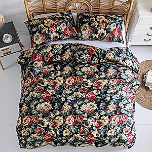 Dark Green Botanical Duvet Cover Twin Red Yellow Floral Green Leaves Printed Pattern Bedding Duvet Cover Set Soft and Breathable Microfiber Comforter Cover with Zipper and Corner Ties