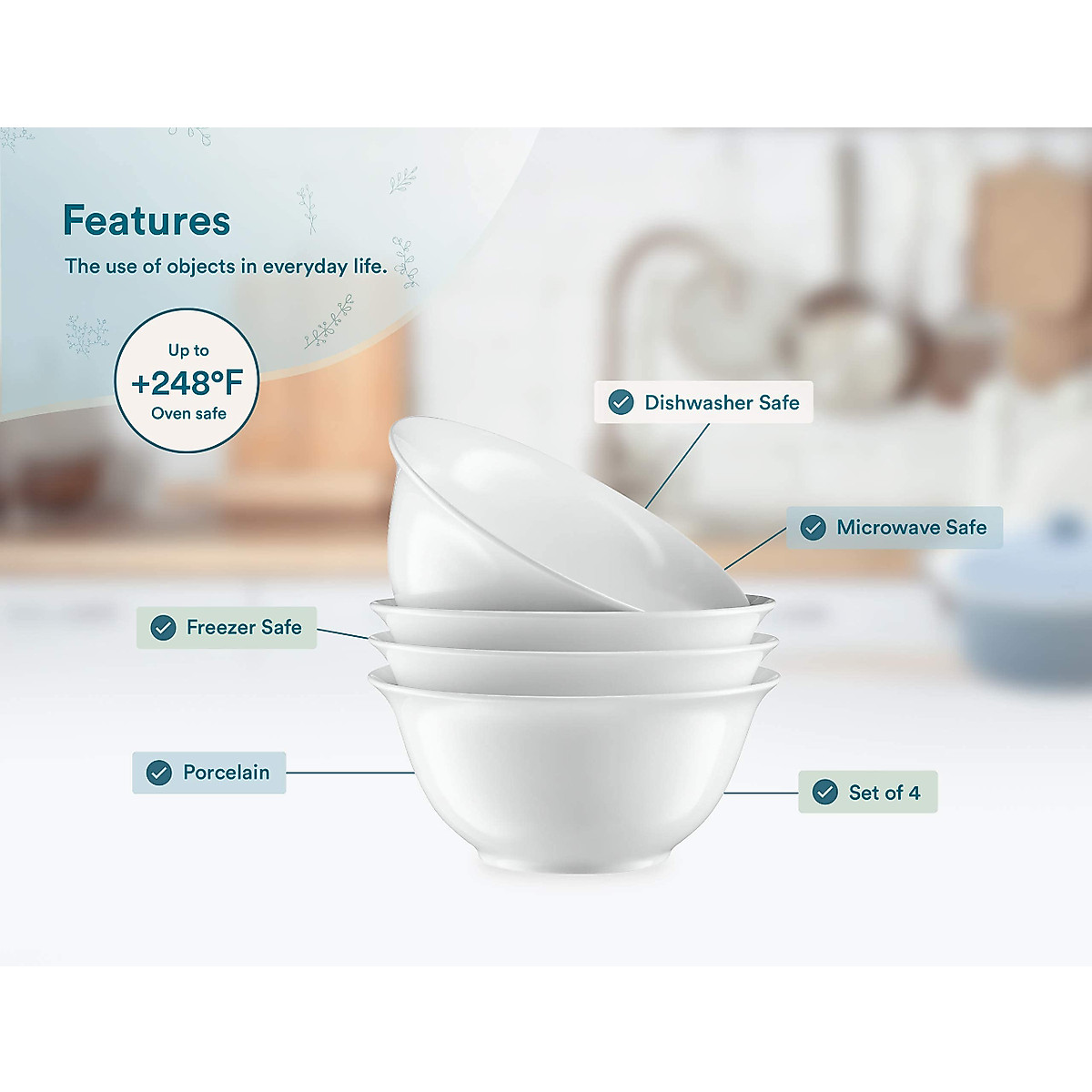 KooK 41 Oz Large Deep Bowls, Ceramic White Bowl for Noodle, Ramen, Pasta, Cereal, Fruit Porcelain kitchen, Microwave and Dishwasher Safe, 7.5 Inches, Set of 4,