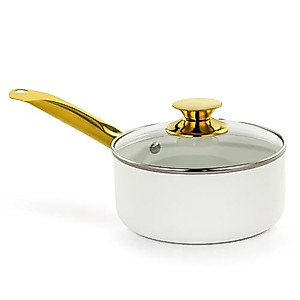 Holstein Housewares 2.5QT White Ceramic Nonstick Saucepan with Lid, Gold Color and Stainless Steel Handle, Golden Elegance