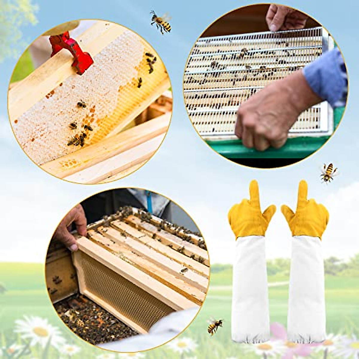 Amyhill 4 Pairs Beekeeping Gloves Thick Goatskin Leather Beekeeper's Gloves with Long Canvas Sleeves and Elastic Cuff (Medium, Large)