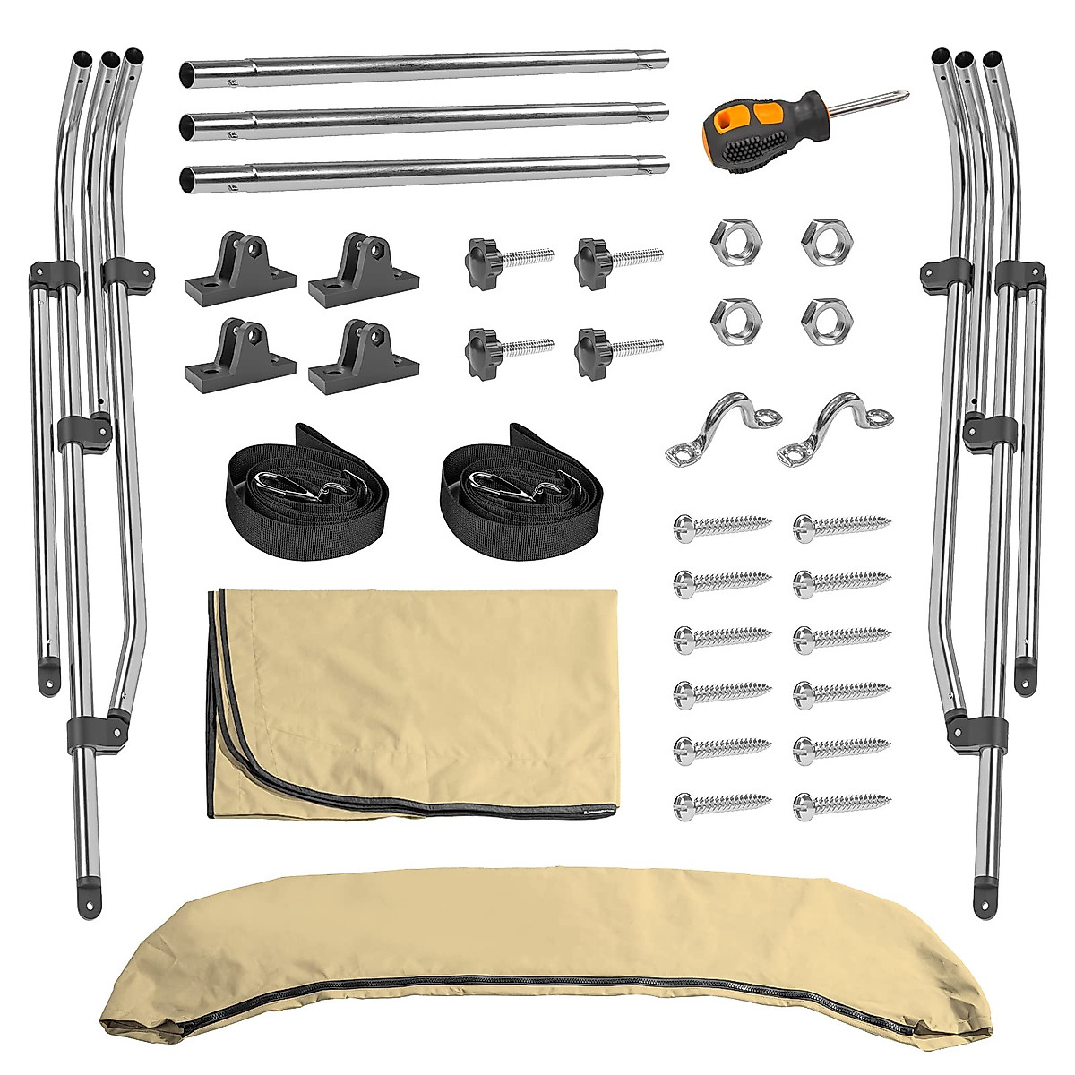 AA Products 3 Bow Bimini Top Cover Sun Shade Boat Canopy Waterproof Includes Storage Boot with Aluminum Frame, 46" Height with Rear Support Poles, 6'L x 46" H x 73"-78" W, Sand