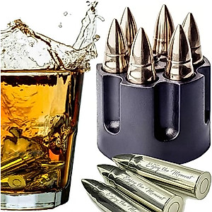 Whiskey Stones Large 6 Laser Engraved Stainless Steel Silver Bullets with Revolver Barrel Base Reusable Chilling Rocks Stone Ice Cubes Chillers Birth Day Gift Set for Father's Day, Military Man