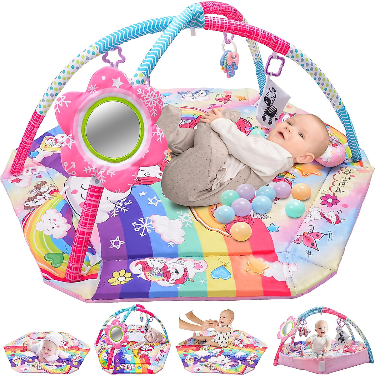 BATTOP Baby Activity Gym Play Mat,Tummy Time Mat Baby Gym with Sensory Rattle Toys&Tummy Time Pillow,for Sensory Motor Skill Development,Newborn Shower Gift