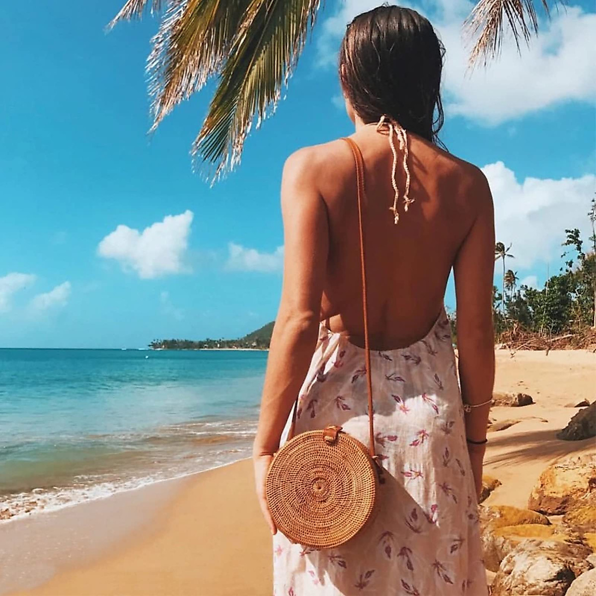 VODIU Women Bali Rattan CrossbodyBags Handmade Straw Bags Bohemian Shoulder Bag (Leather Buckle)