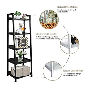Babion 5-Tier Ladder Open Bookshelf - Pine Wood Freestanding Display Shelf Plant Stand, 51.6" High Floor-Standing Bookcase, Black