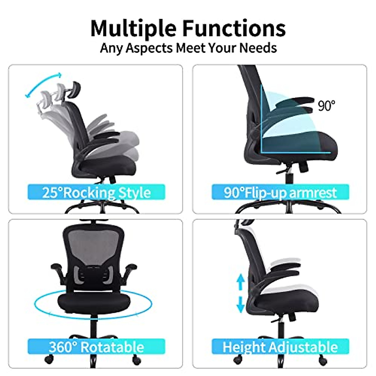 Flysky Ergonomic Office Desk Chair Breathable Mesh Swivel Computer Chair, Lumbar Back Support Task Chair, Office Chairs with Headrest and Flip-up Arms, Adjustable Height Executive Rolling Chair