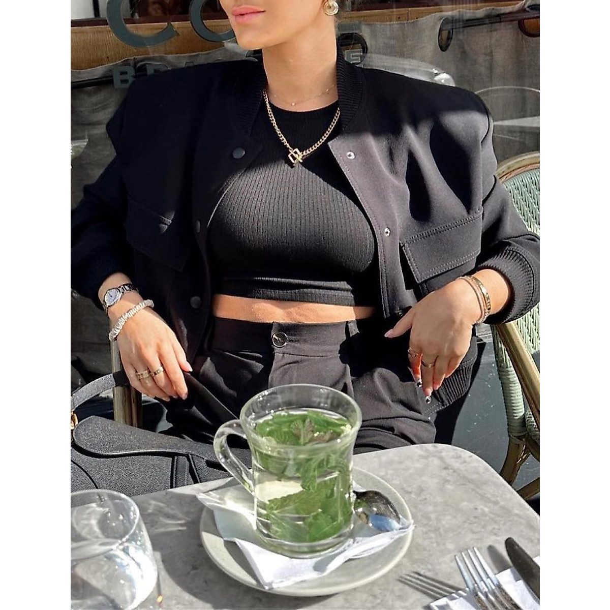 Aedceal Women's Cropped Bomber Jacket Button Down Stand Collar Varsity Coats Outerwears with Pockets(Black-M)