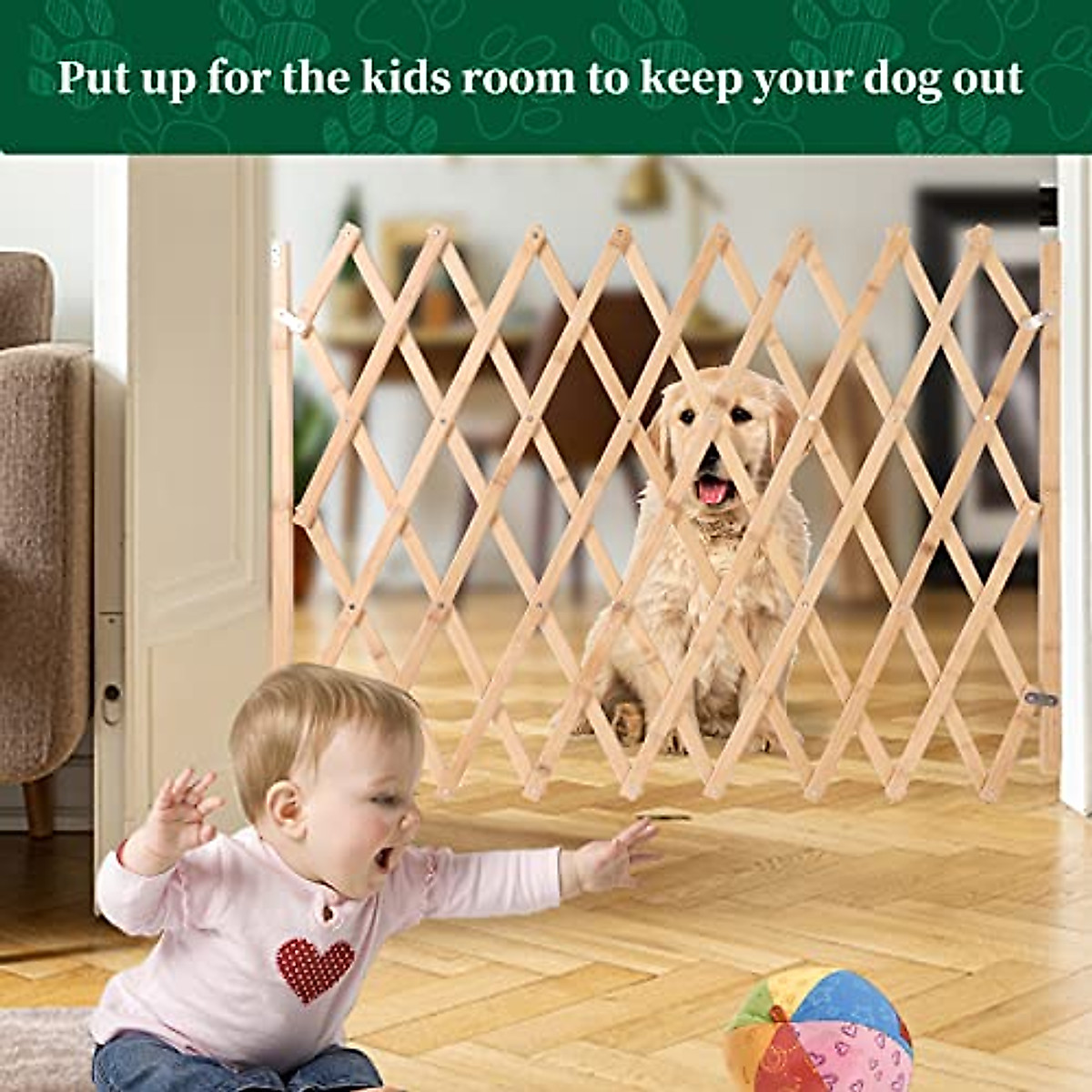 Expandable Accordion Dog Gate, Wooden Accordian Expansion Dog Gate for Doorway Stairs, Retractable Gate Safety Protection for Small Medium Pet Dog, 8" to 42" W, 28.7" H (Upgraded Accordion Dog Gate)