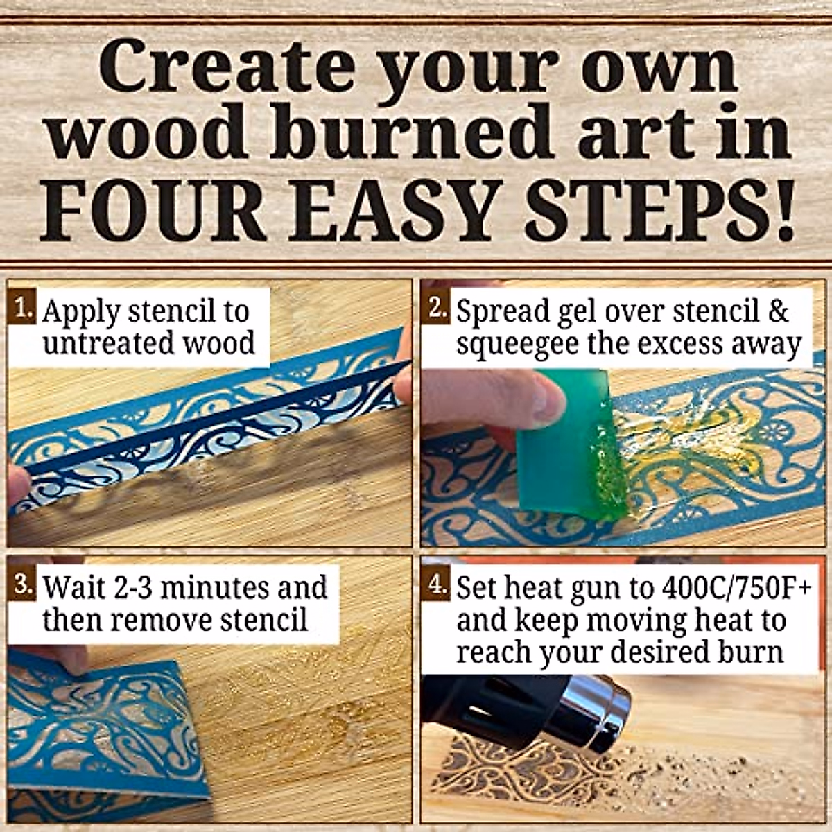 Wood Burning Gel and Mini Squeegee - Made in USA - 4 OZ Wood Burning Paste for Crafting, Drawing and DIY Arts and Crafts - Mini Squeegee Included - Creates Beautiful Art in Minutes