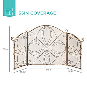 Best Choice Products 3-Panel 55x33in Solid Wrought Iron See-Through Metal Fireplace Screen, Spark Guard Safety Protector w/Decorative Scroll - Gold