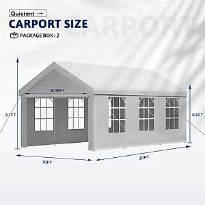 Quictent 10'x20' Heavy Duty Carport Gazebo Canopy Garage Outdoor Car Shelter-Silver Gray (with Windows)