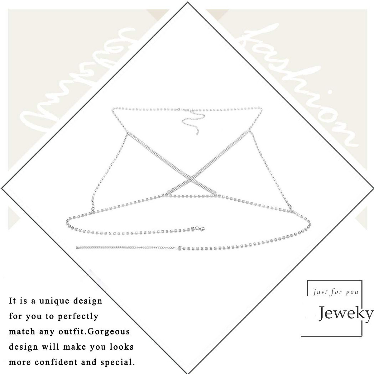 Jeweky Boho Crystal Body Chain Silver Rhinestone Harness Bra Jewelry Beach Bikini Body Jewelry for Women