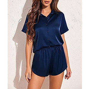 Ekouaer Womens Short Pajama Sets Satin Silk Loungewear 2 Piece Summer Soft Pjs Navy Blue Medium