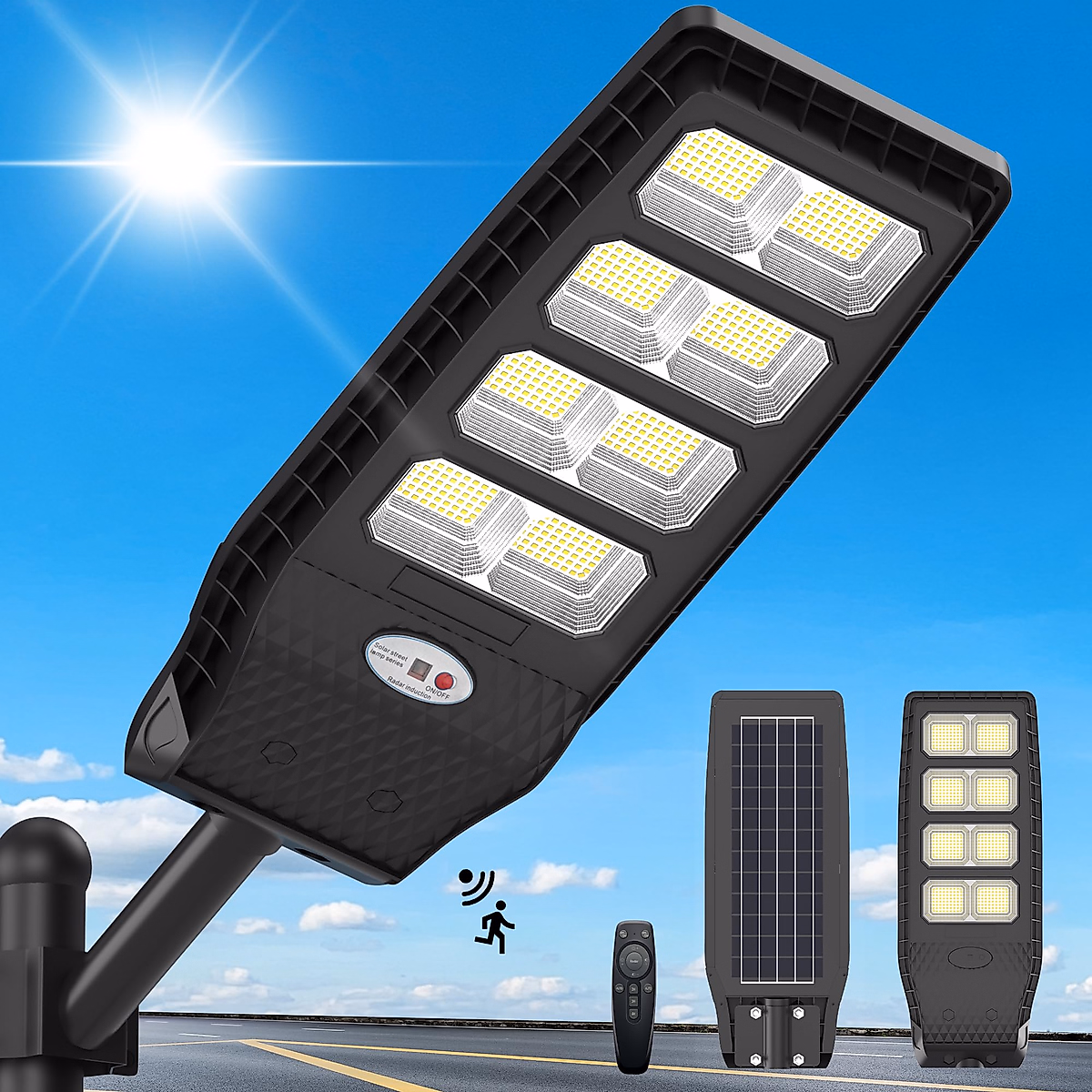 Kifflux Solar Street Lights Outdoor - 800W Solar Street Light Dusk to Dawn, Solar Parking Lot Lights Commercial, IP67 Waterproof Solar Powered LED Flood Security Lights with Motion Sensor for Yard