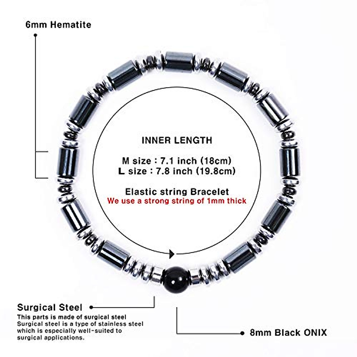 JBANS Hematite 486 Healing Stones Beaded Stretch Bracelet 2 Size for Men. Good Luck Therapy Bracelets. Strong Elastic Sring (18)