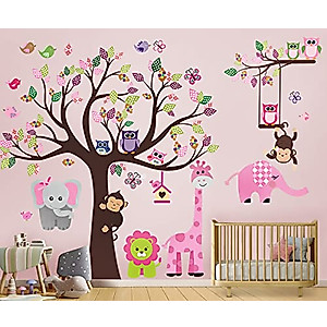 DEKOSH Kids Pink Jungle Theme Peel & Stick Girl Nursery Wall Decal, Colorful Owl Giraffe Lion Tree Decorative Sticker for Baby Bedroom, Playroom Mural