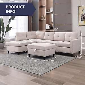 ZAFLY 101" Sectional Couch, L Shaped Sofa with Storage, Convertible Sofá 4-Seat with Reversible Chaise, Living Room Fabric Sofa Sets with Cup Holders -Beige