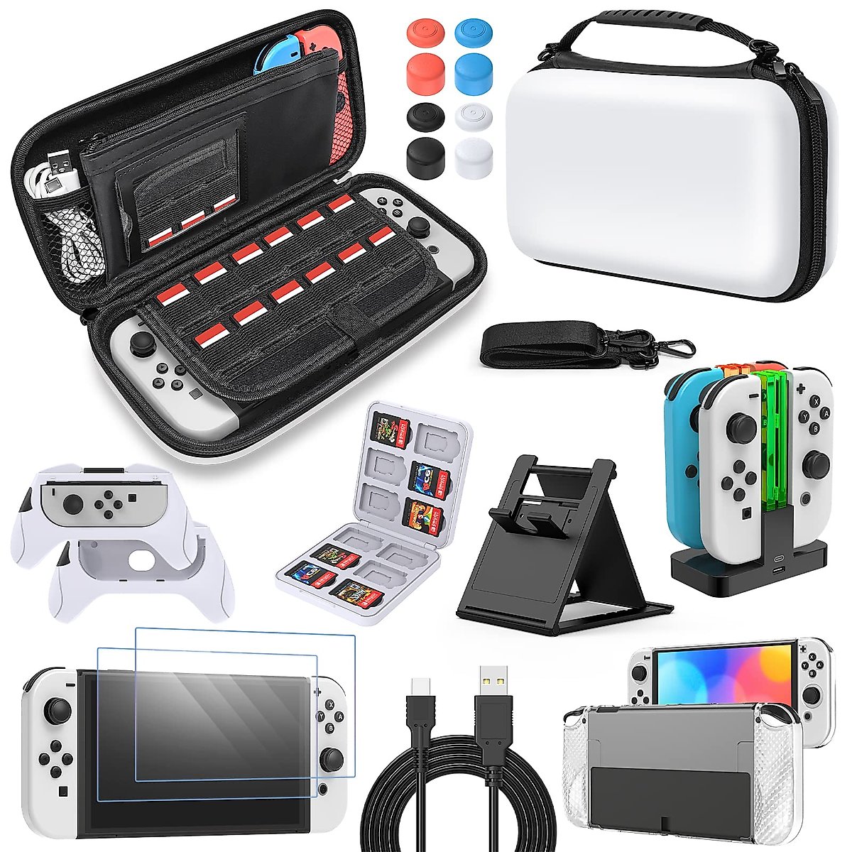 All in 1 Accessories Kits for Switch OLED 2021 Model：Case & Screen Protector, Hand Grips & Racing Wheels for Joy con, Controller Charger Dock, Carrying Case & More -White