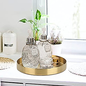 Round Gold Tray, Dedoot Decorative Tray Small - 7.8inch Stainless Steel Metal Tray Organizer Storage Organizer Vanity Trays for Jewelry Cosmetics Coffee Tea Candle, Bathroom Plate Kitchen Tableware