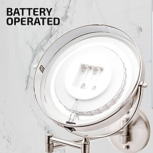 Ovente 8.6" Lighted Wall Mount Makeup Mirror, 1X & 10X Magnifier, Adjustable Double Sided Round LED, Extend, Retractable & Folding Arm, Compact & Cordless, Battery Powered Nickel Brushed MFW85BR1X10X