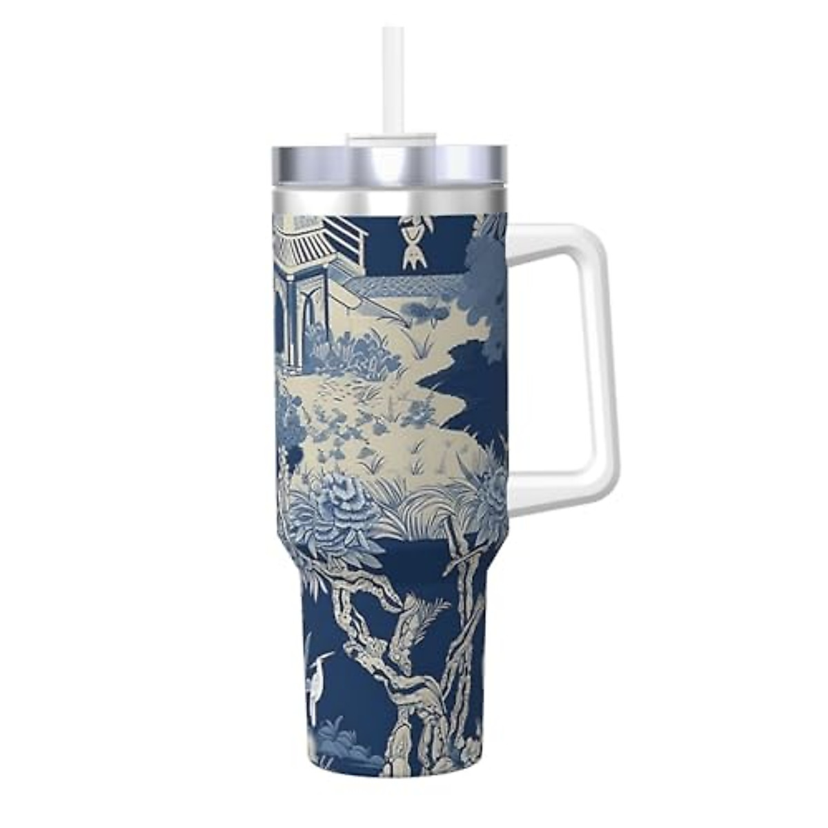 Xiexide 40oz Fits Cup Holder Gifts Ancient Blue And White Chinese Style Chinoiserie Folk Double Walled Vacuum Insulatedith Handle And Straw,Hot & Cold Drinks