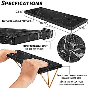 Black Floating Shelves, Wood Wall Mounted Floating Boards, Marbling Wall Shelves with Metal Brackets for Bedroom, Bathroom, Living Room, Kitchen, Laundry Room, Floating Shelves for Wall Decor Set of 2