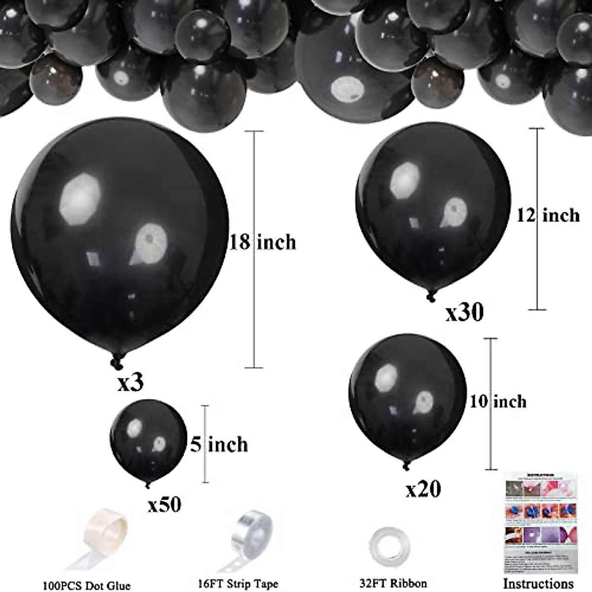107pcs Black Balloon Garland Arch Kit 5” 10” 12” 18 inch Different Sizes Metallic Black Latex Party Helium Chrome Black Balloons Set for Wedding Birthday Party New Year's Day Decorations Supplies