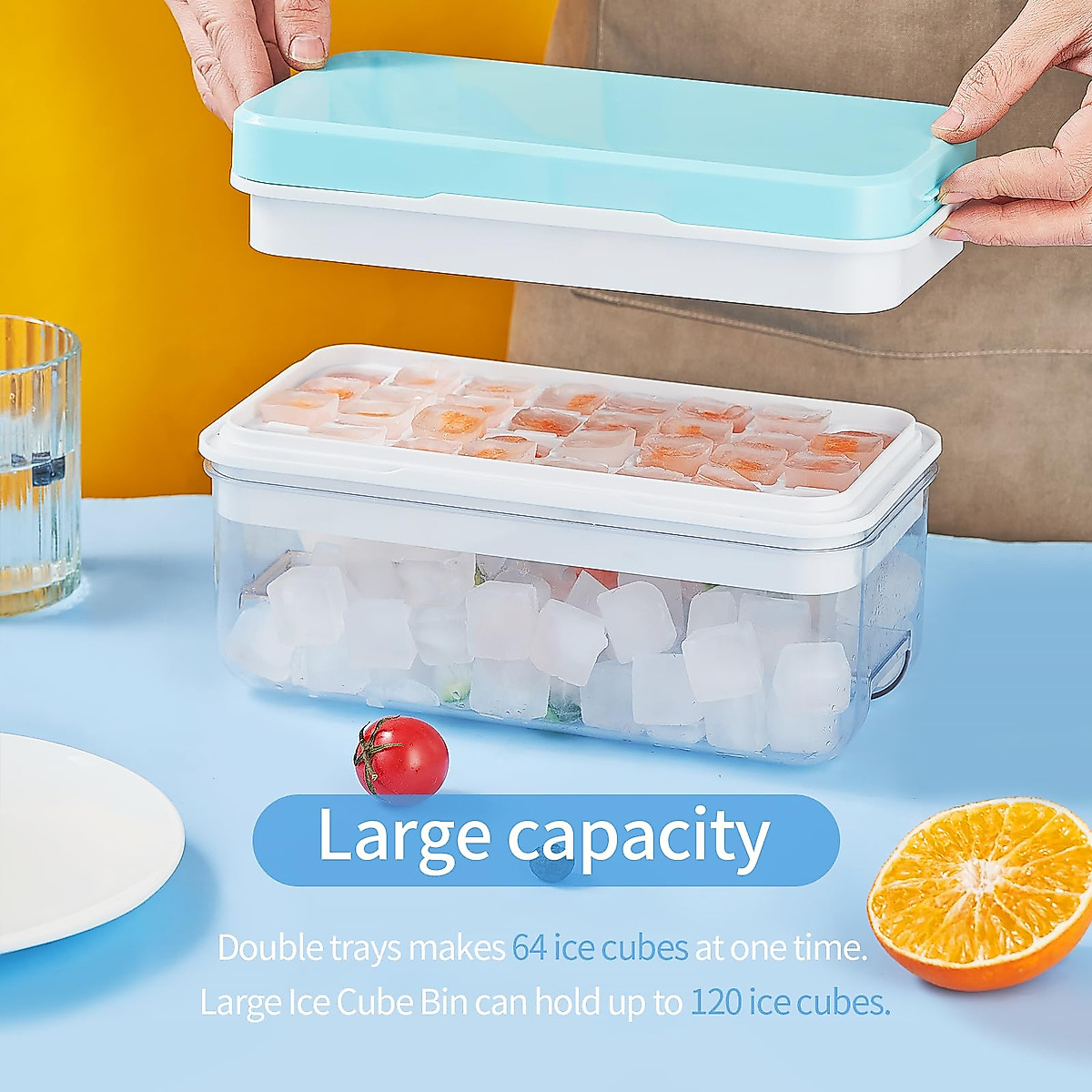 forcozyvie Ice Cube Tray with Lid and Bin,64Pcs Silicone Ice Cube Mold,Large Ice Cube Maker for Freezer, Easy Release Stackable 2 Ice Trays w/Tongs and Scoop for Whiskey Cocktail Coffee Tea Baby Food