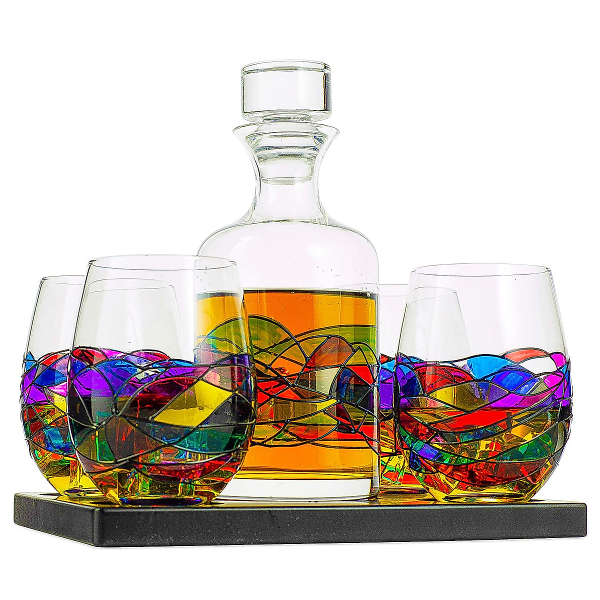The Wine Savant Artisanal Hand Painted Glassware Gift for Mom, Wife, Friend - Artisanal Barcelona Hand Paint Whiskey & Wine Decanter Set, Renaissance Romantic Stain-glasses- Gift Multicolor