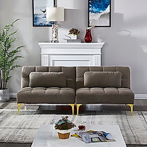 TARTOP Futon Couch Gold Metal Legs, Modern Multi-Functional Convertible Bed, Teddy Fabric, Small Sectional Sofa, Perfect for Living Room, Bedroom, Office, Apartment,Taupe