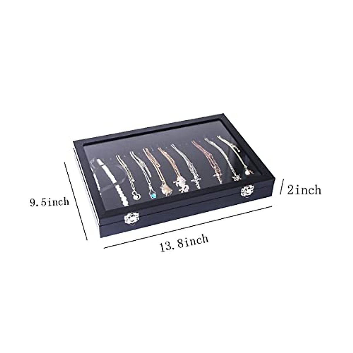 ByKen Jewelry Glass lid 20 Hooks Necklace Organizer Box,Necklace Tray,Necklace Display Box,Chains Showcase Storage Boxes for Show Stackable (Black Velvet)