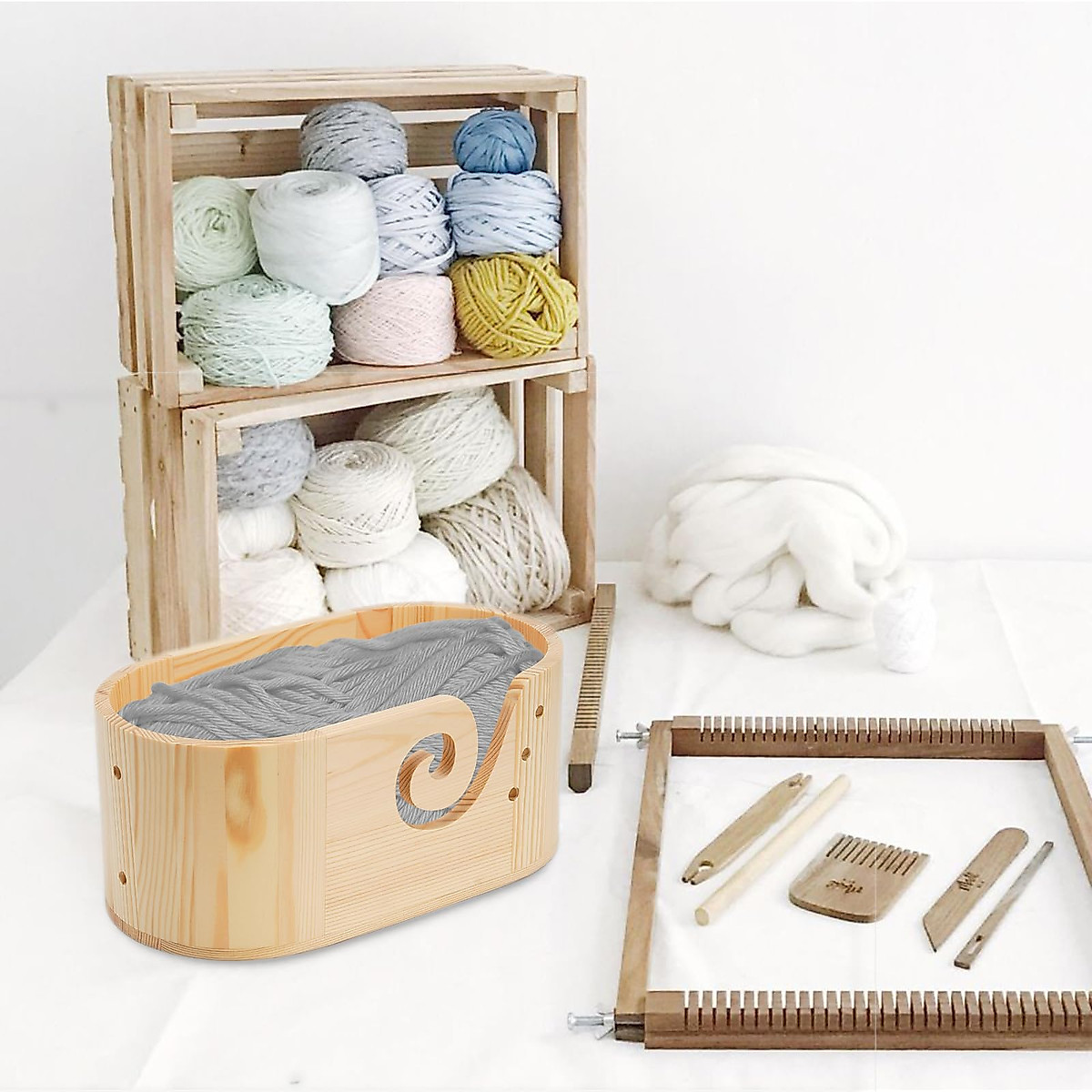 MTJYQYF Wooden Knitting Bowl Yarn Bowl - Crochet Bowls for Yarn, Handmade Yarn Holder Bowl for Crocheting and Knitting Gift for Mom Wife Girlfriend & Knitting Lovers - 11x6.1x4.7 in