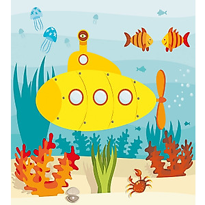 Ambesonne Yellow Submarine Duvet Cover Sets, Sea Life Theme Vehicle Fish and a Crab Illustration Print, Bedding Set with 2 Duvet Covers 4 Pillowcases, 2 Pack Cal King Size, Yellow Pale Blue