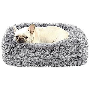 2 in 1 Calming Dog Beds for Medium Dogs, Dual Layer Orthopedic Egg Crate Foam & Memory Foam Faux Fur Shag Pet Mattress Warming Rectangle Cuddle Bed Comfy Anti Anxiety, Anti-Slip Washable Cover