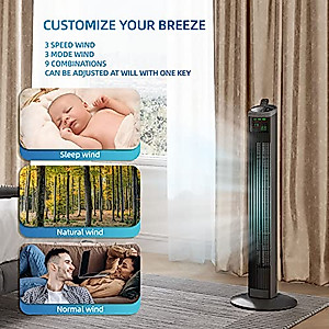 Gray Track Tower Fan 75° Oscillating Fans with Remote, 3 Speeds, 3 Modes, 15H Timer, LED Display, 36” Portable Floor Bladeless Fan for Bedroom Home Office, Quiet Cooling, Space-Saving