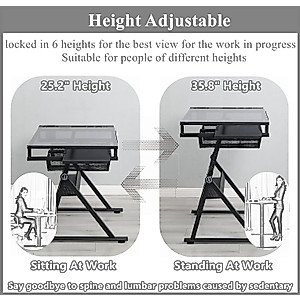 Gagawin Drafting Table with Stool, Height Adjustable Drawing Desk Tempered Glass Art Table Writing Desk with 0-75° Tilting Tabletop for Home Office, No.1-Black