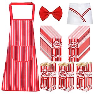 MENJITO 200 Pieces Paper Popcorn Bags and Popcorn Red White Striped Apron with Chef Hat and Bow Tie | 200 pcs Food Grade Popcorn Bags for Movie Night & Birthday Party