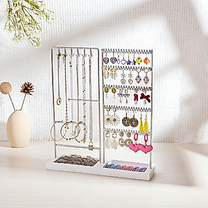 Vtopmart Jewelry Holder Organizer Stand Tree for Earring Necklace Ring Bracelets Display and Storage, with 90 Holes, 12 Hooks, Silver+White