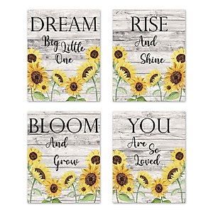 Sweet Jojo Designs Yellow Sunflower Boho Floral Wall Art Prints Room Decor for Baby, Nursery, and Kids - Set of 4 - Farmhouse Wood Grain Rustic Watercolor Flower Vintage Southern Country