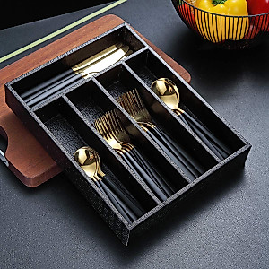 Berglander Drawer Organizers, Black Leather Wood Kitchen Silverware Tray for Drawer, Utensil Tray Drawer Organizer, Kitchen Silverware Organizer, Cutlery Flatware Organizer with Drawers