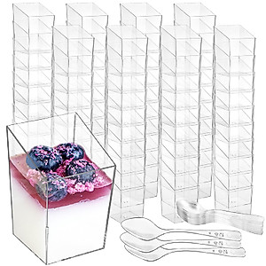 Okllen 100 Pack 3 Oz Mini Dessert Cups with Spoons, Clear Slanted Square Dessert Tumbler Thick Plastic Shot Glasses, Appetizer Parfait Cups Small Serving Bowls for Ice Cream, Puddings, Tasting Party