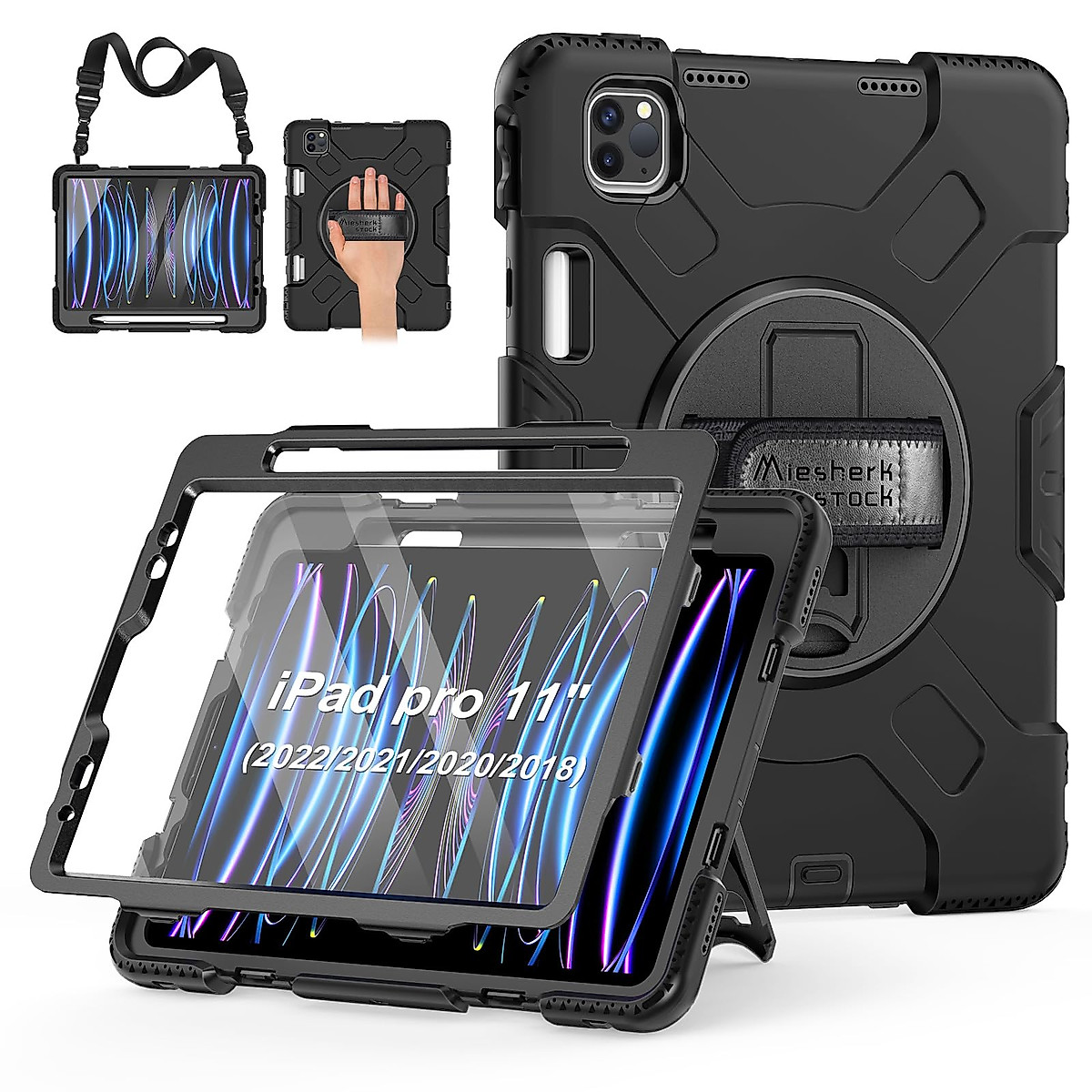 Case for iPad Pro 11 Inch (2022/2021/ 2020/2018): Silicone Cover for iPad 11 (4th/ 3rd/ 2nd/ 1st) Generation with Screen Protector- Stand- Handle- Shoulder Strap- Pencil Holder- Black